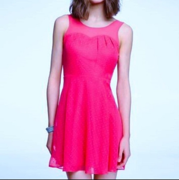 Express | Dresses | Express Hot Pink Dot Fit Flare Mesh Dress | Poshmark